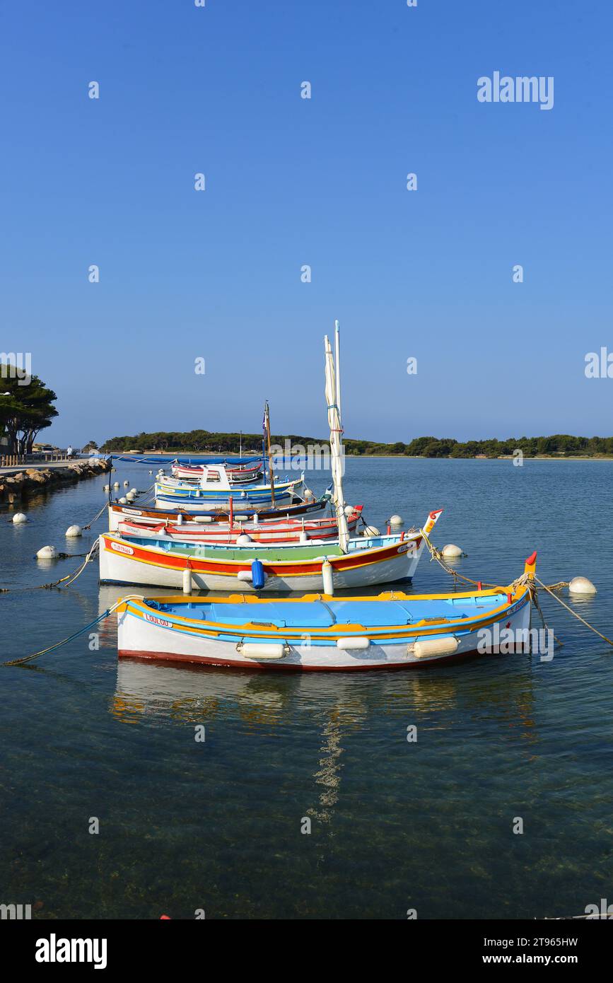 Typical colorful Mediterranean boats in the Brusc lagoon Var Provence ...