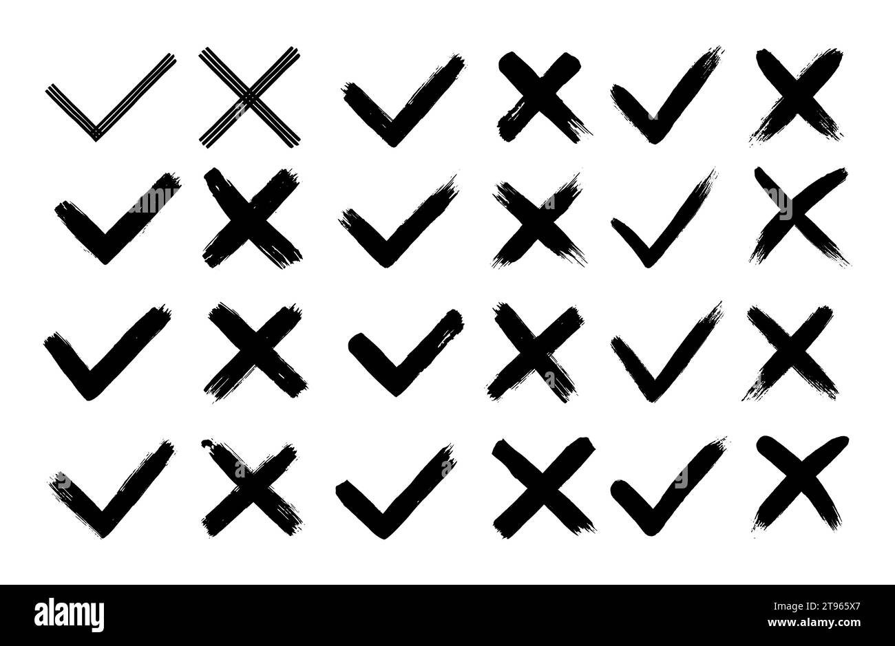 Grunge hand drawn brush strokes cross X and tick OK check marks V ...