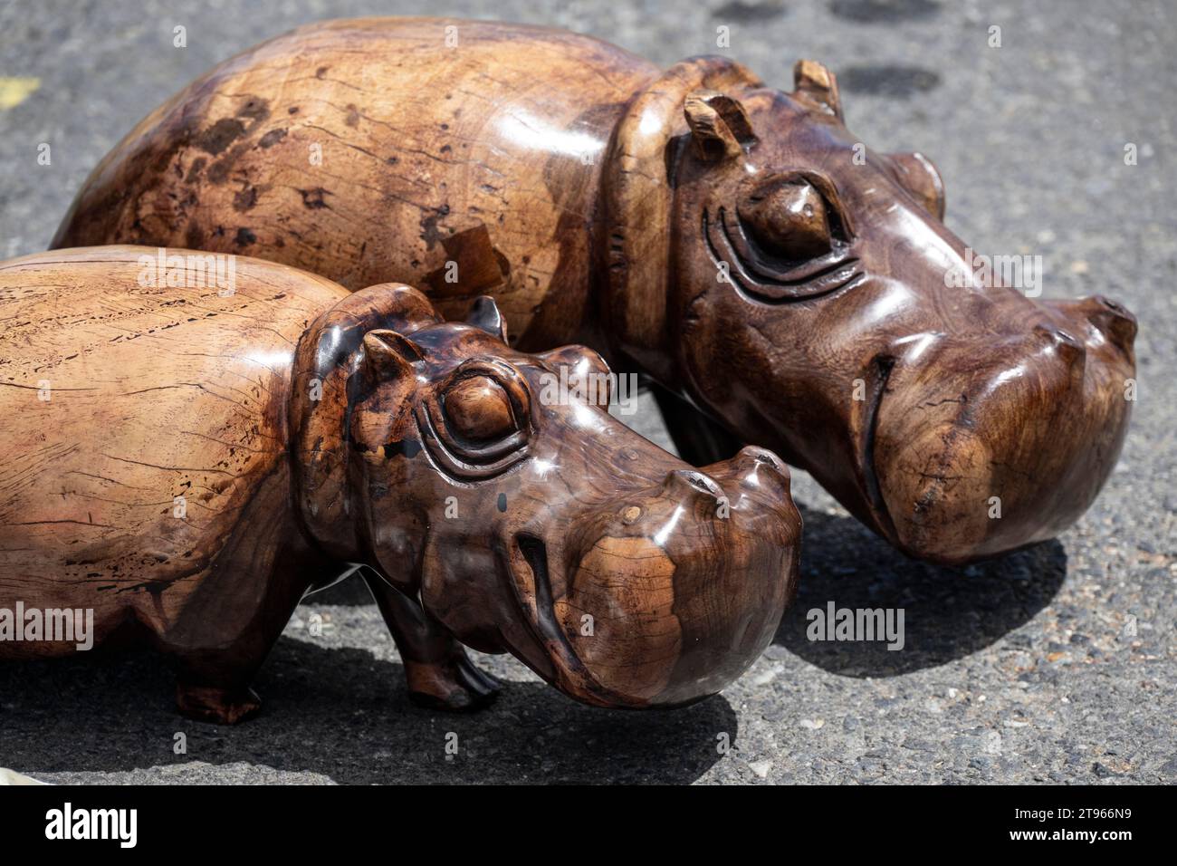 Wooden figures of a hippo, souvenir stall, Cape Town, Western Cape ...
