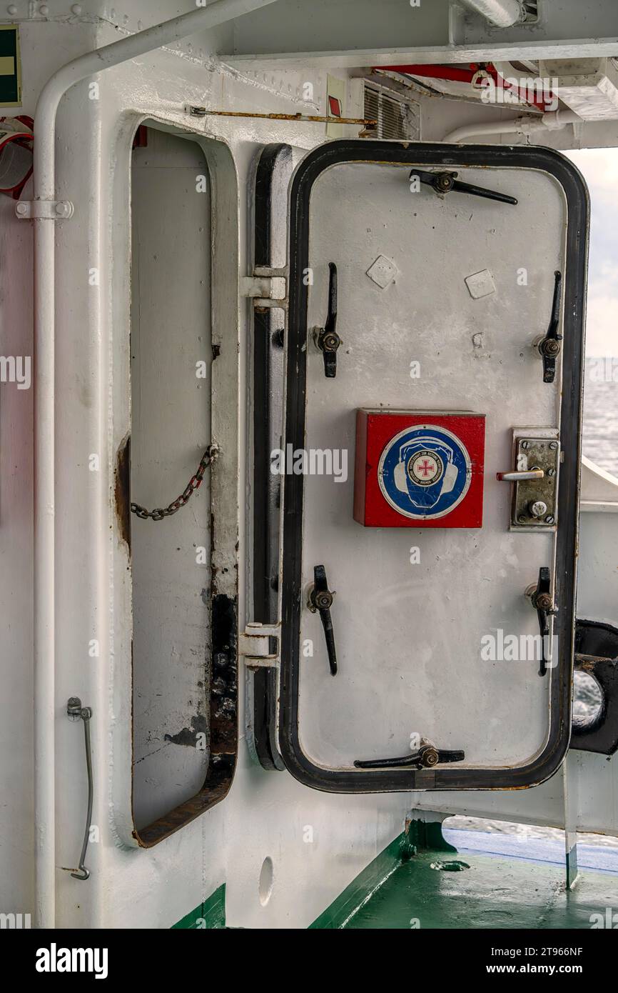Steel door to the engine room on an excursion boat, Baltic Sea, Ruegen ...