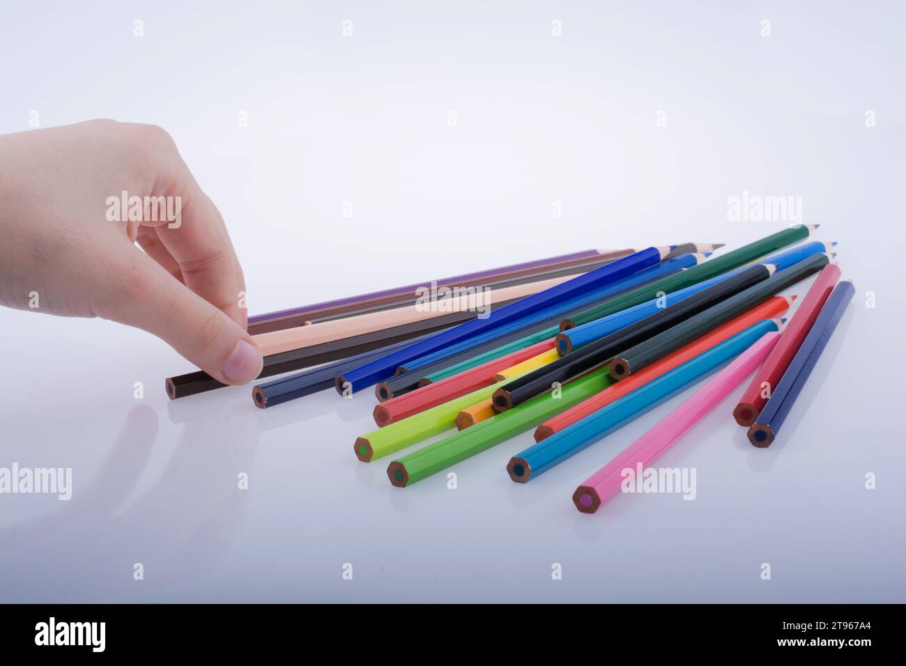 Hand holding color pencils on a white background Stock Photo - Alamy