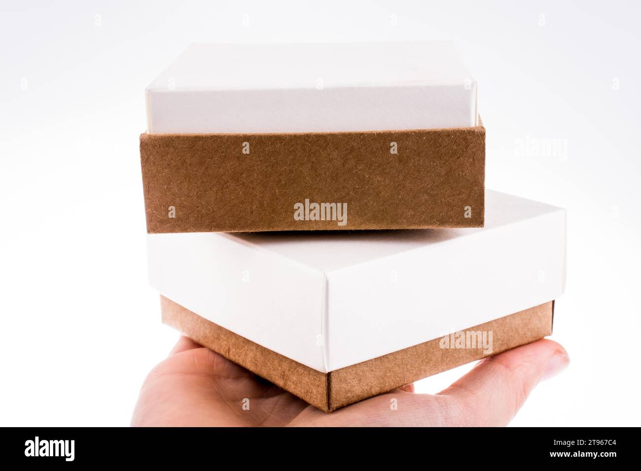 Hand holding cardboard Boxes on a white background Stock Photo - Alamy