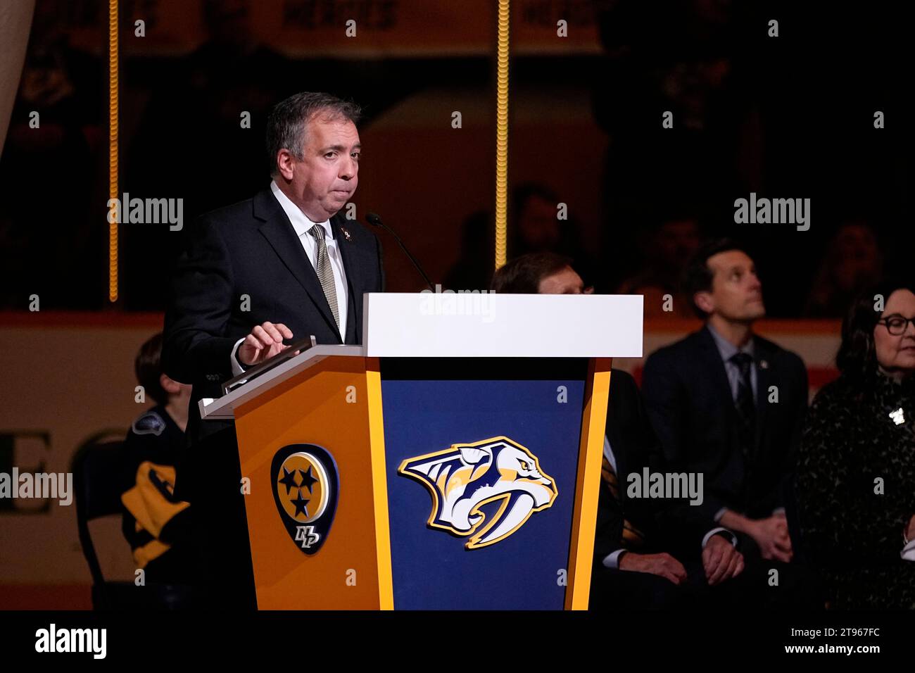 Nashville Predators CEO Sean Henry speaks before an NHL hockey game ...
