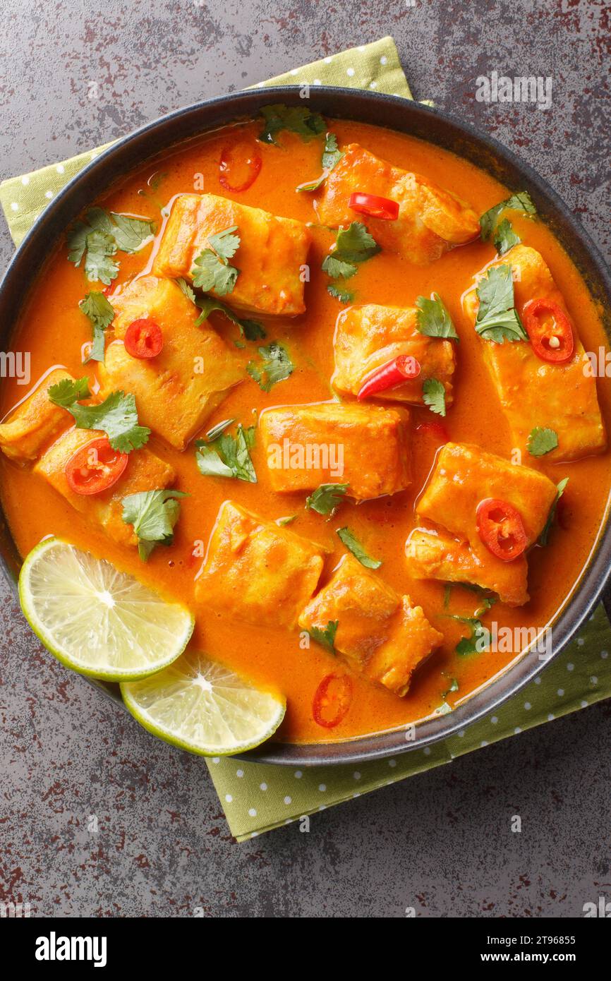 Sri Lankan Fish Curry, Thora Malu close up on a plate on the table ...