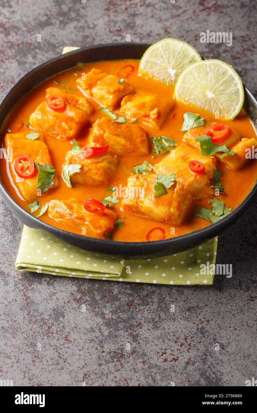 Sri Lankan Fish Curry, Thora Malu close up on a plate on the table ...