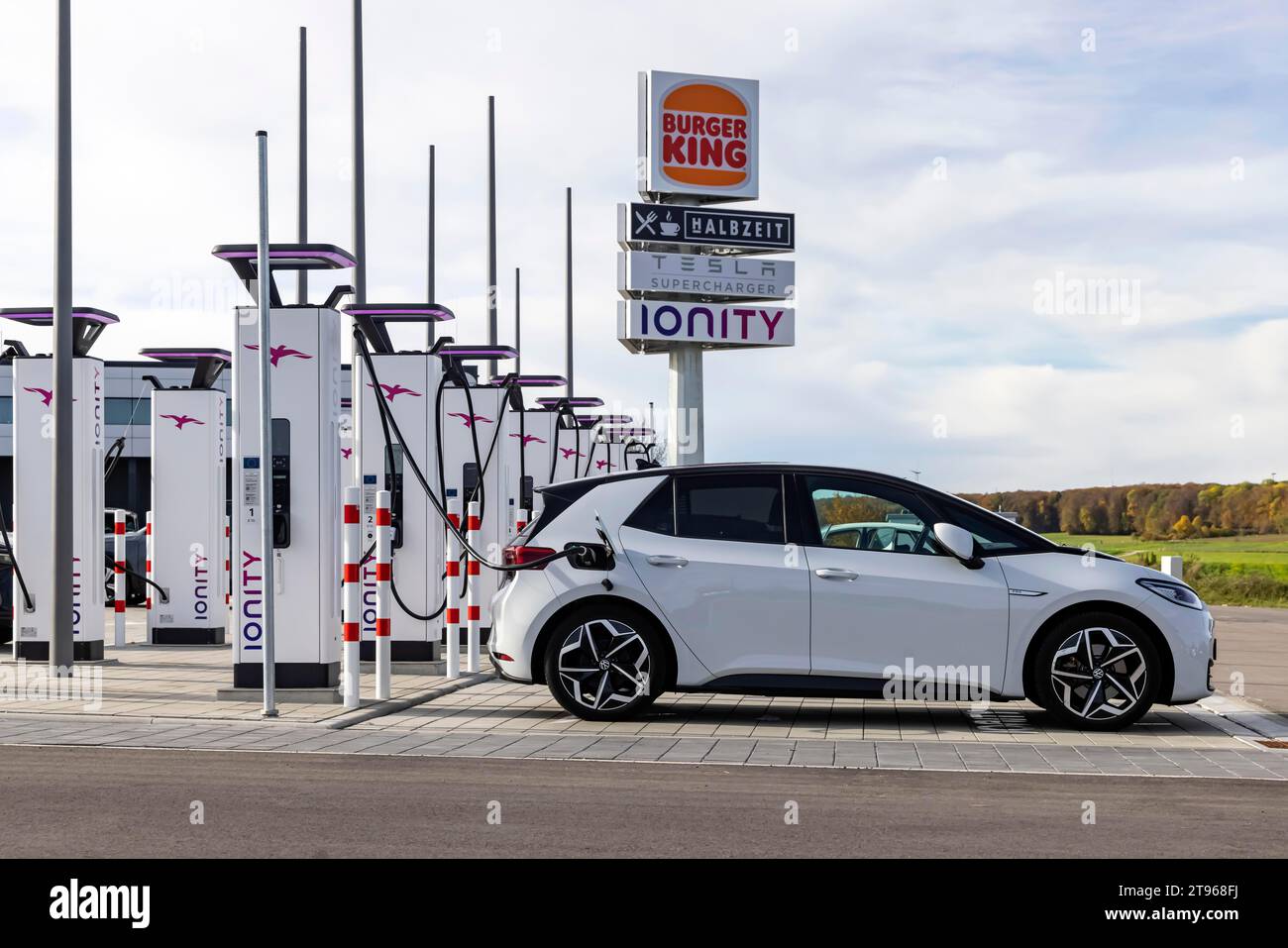 Ionity charging station with car on the A8 motorway near Merklingen ...