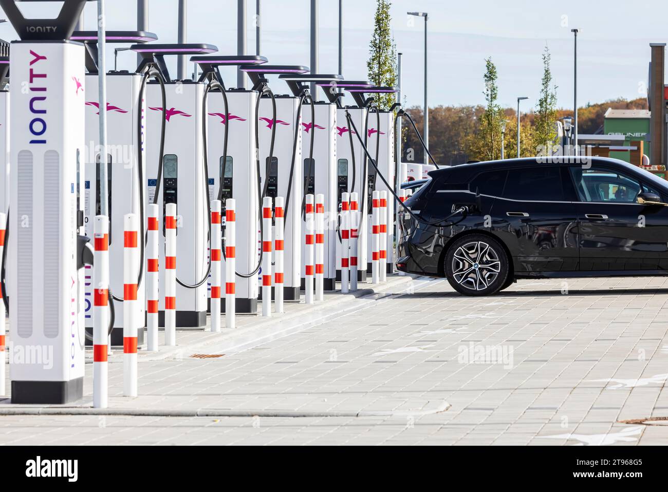 Ionity charging station with car on the A8 motorway near Merklingen ...