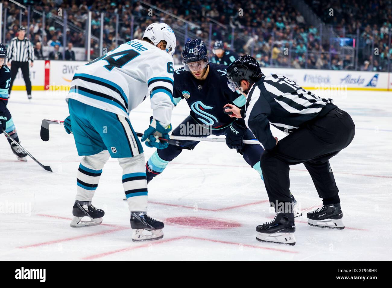 Seattle Kraken center Alex Wennberg faces off against San Jose Sharks ...
