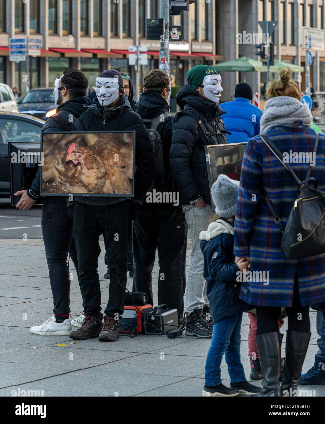 Demonstration against animal testing, participants with Guy Fawkes mask ...