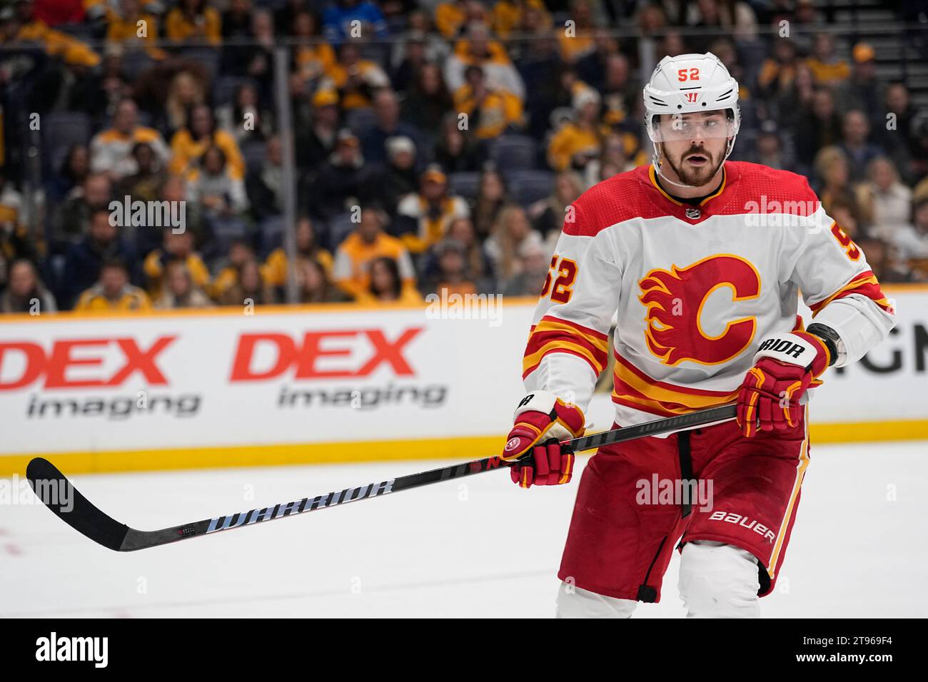 Calgary Flames defenseman MacKenzie Weegar plays against the Nashville ...