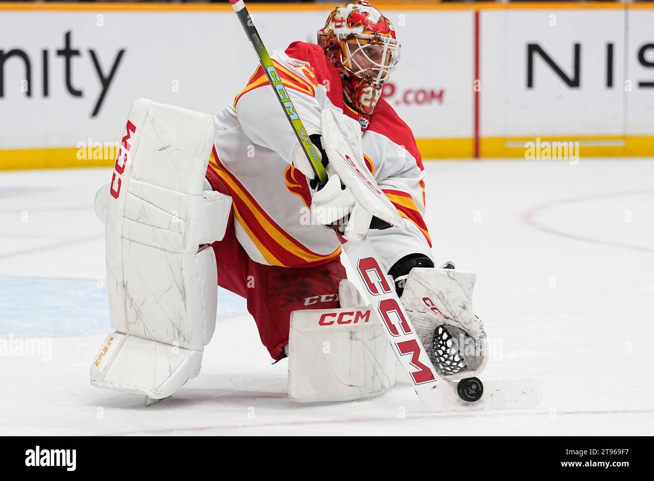 Calgary Flames goaltender Jacob Markstrom (25) plays against the Nashville Predators during the ...