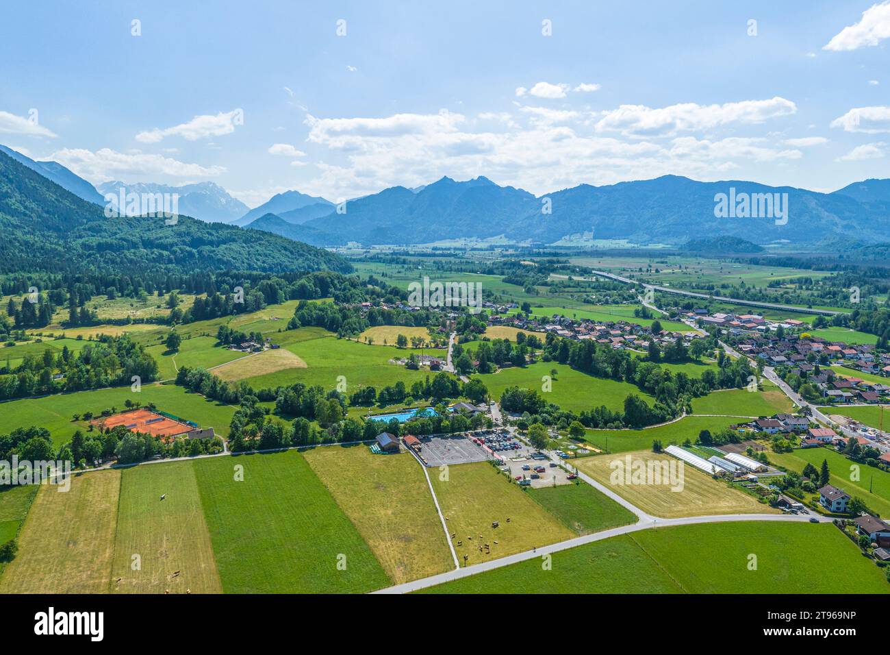 The beautiful Loisach valley around Ohlstadt in bavarian upper country ...