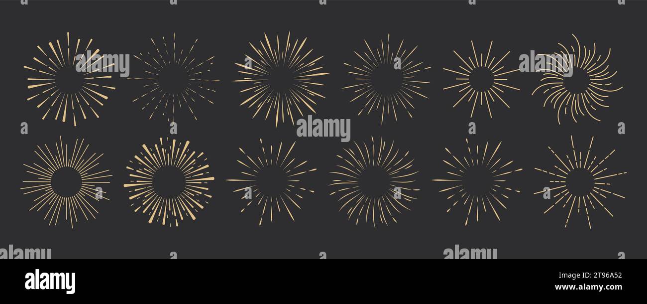 Set golden Fireworks, rays, sunburst frames circle border decoration, sparkle in doodle style ...