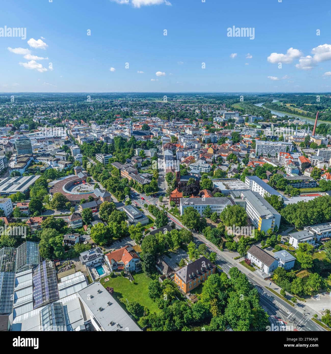 Aerial view to the city of Rosenheim in Upper Bavaria around the ice ...