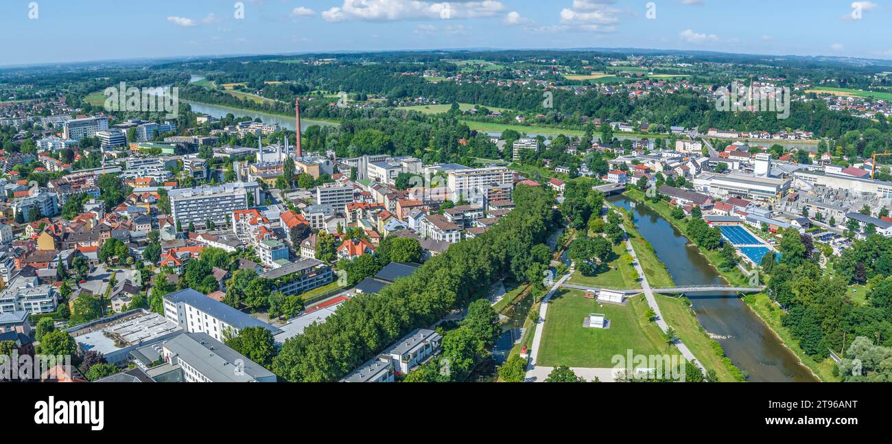 Aerial view to the city of Rosenheim in Upper Bavaria around the ice ...