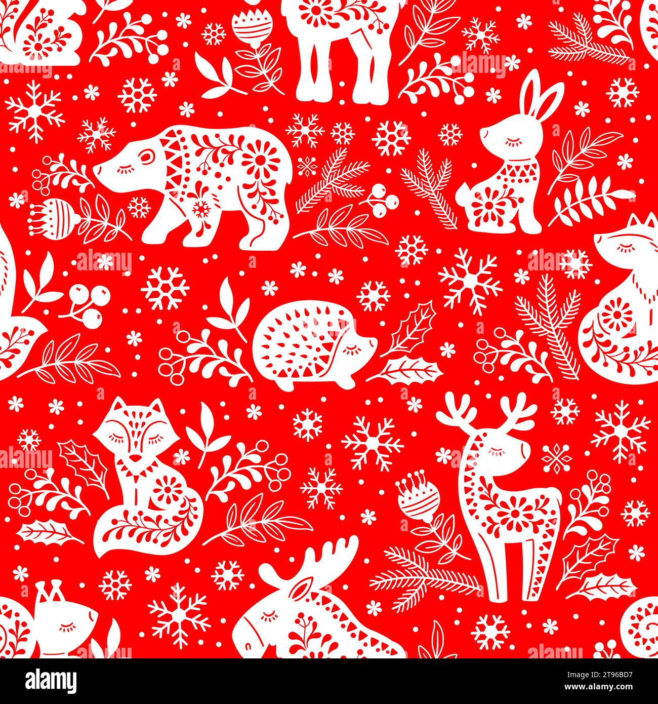 Vector seamless pattern. White ornate silhouettes of forest animals ...