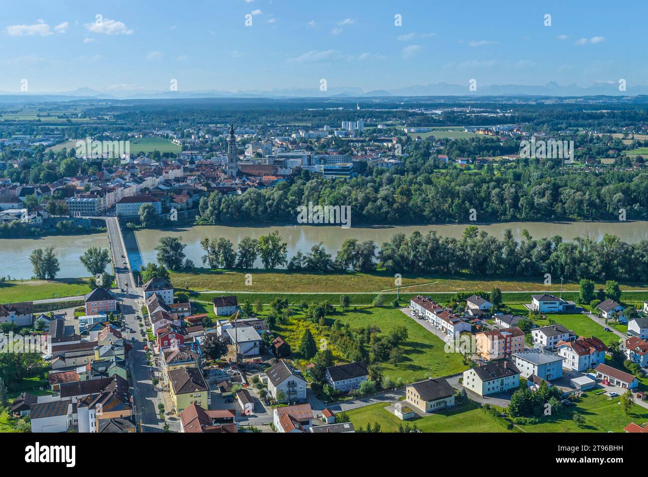 The small town of Simbach on Inn at the border to Austria from above ...