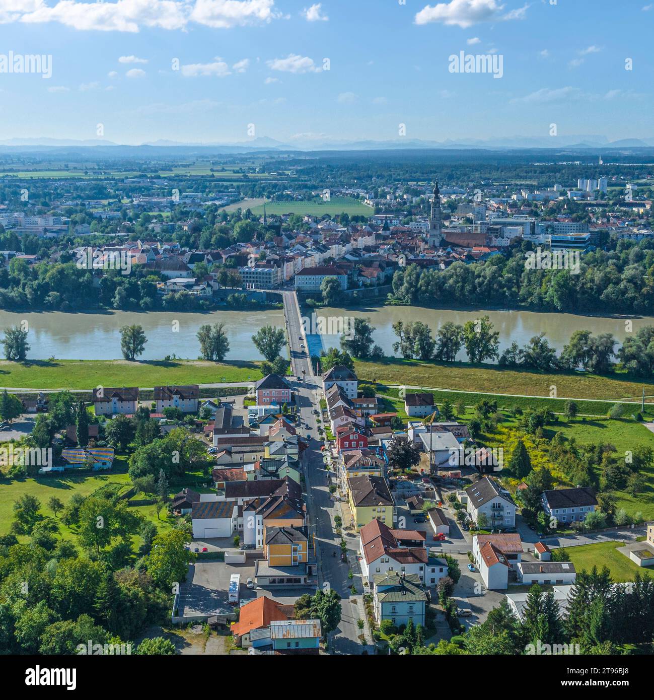 The small town of Simbach on Inn at the border to Austria from above ...
