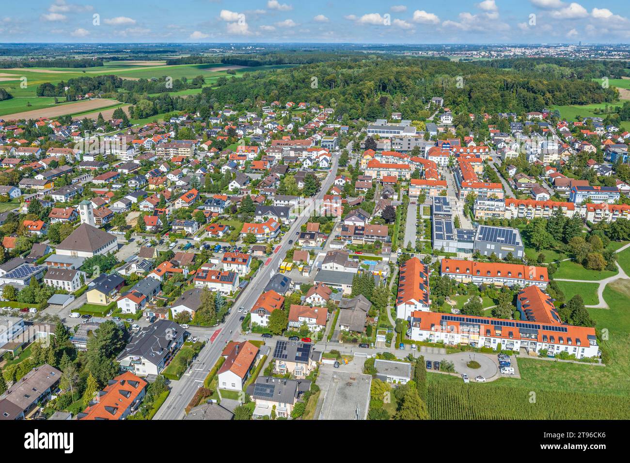 Aerial view to Gilching to the west of Munich in the Fünfseenland in ...