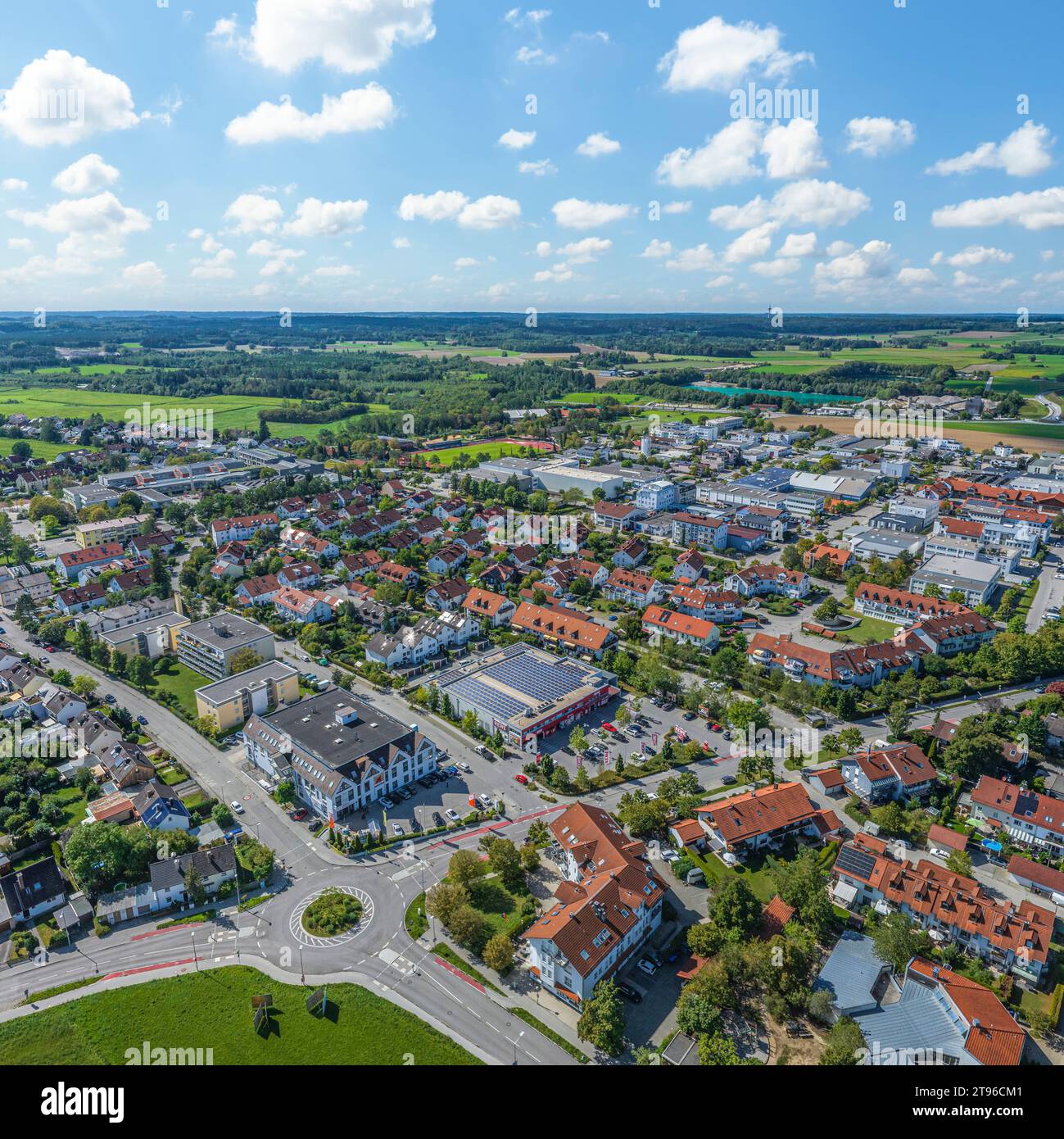 Aerial view to Gilching to the west of Munich in the Fünfseenland in ...