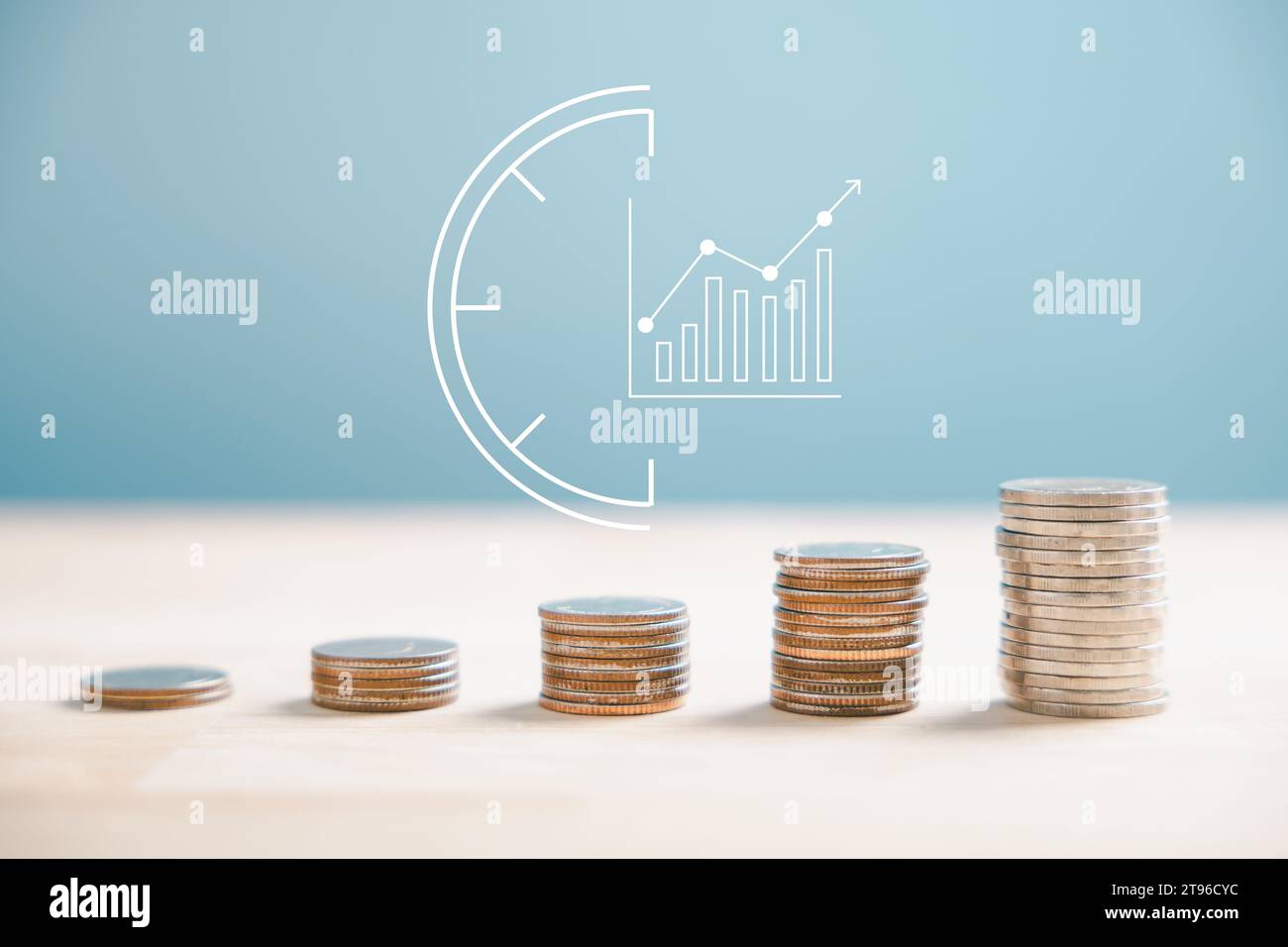 Coins stacking with white up arrow and percentage Stock Photo - Alamy