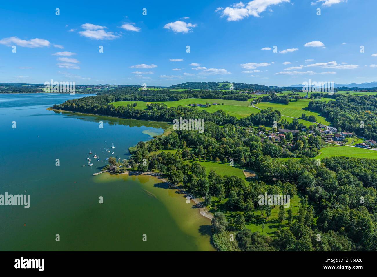 Aerial view to the Chiemgau region around the Simssee near Riedering ...