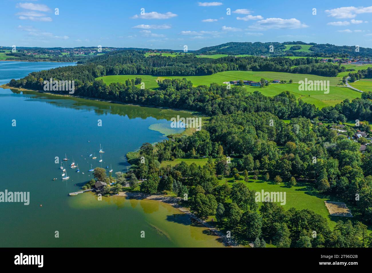 Aerial view to the Chiemgau region around the Simssee near Riedering ...