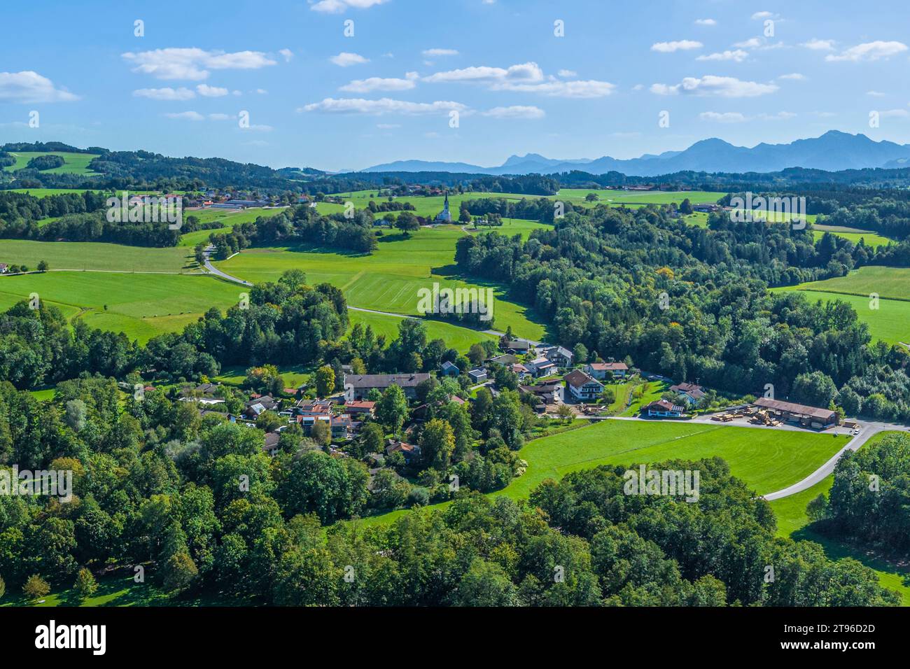 Aerial view to the Chiemgau region around the Simssee near Riedering ...