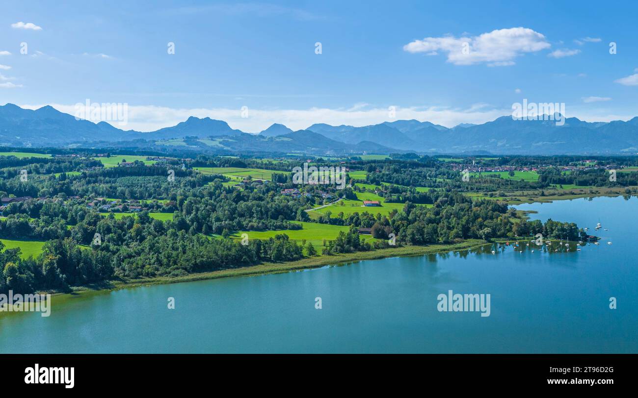 Aerial view to the Chiemgau region around the Simssee near Riedering ...