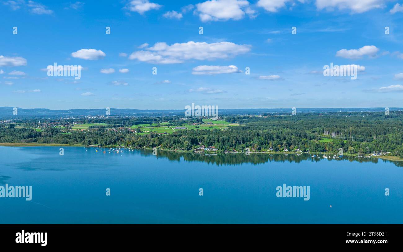 Aerial view to the Chiemgau region around the Simssee near Riedering ...