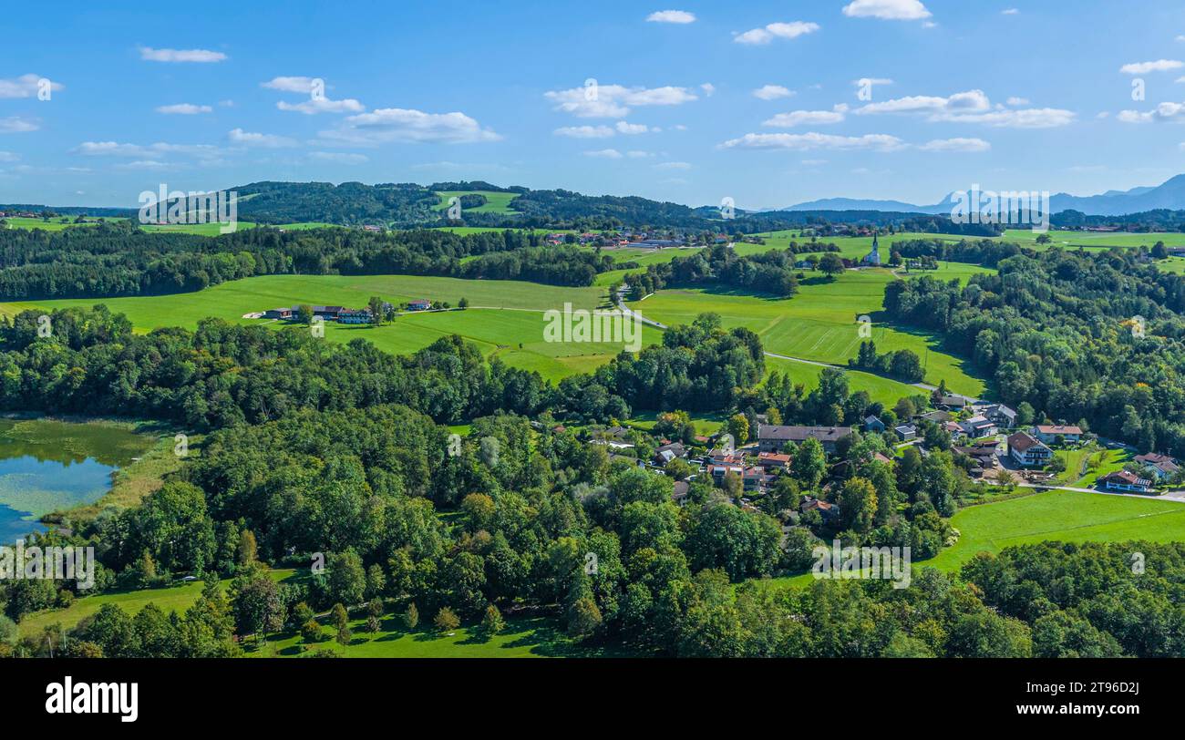 Aerial view to the Chiemgau region around the Simssee near Riedering ...