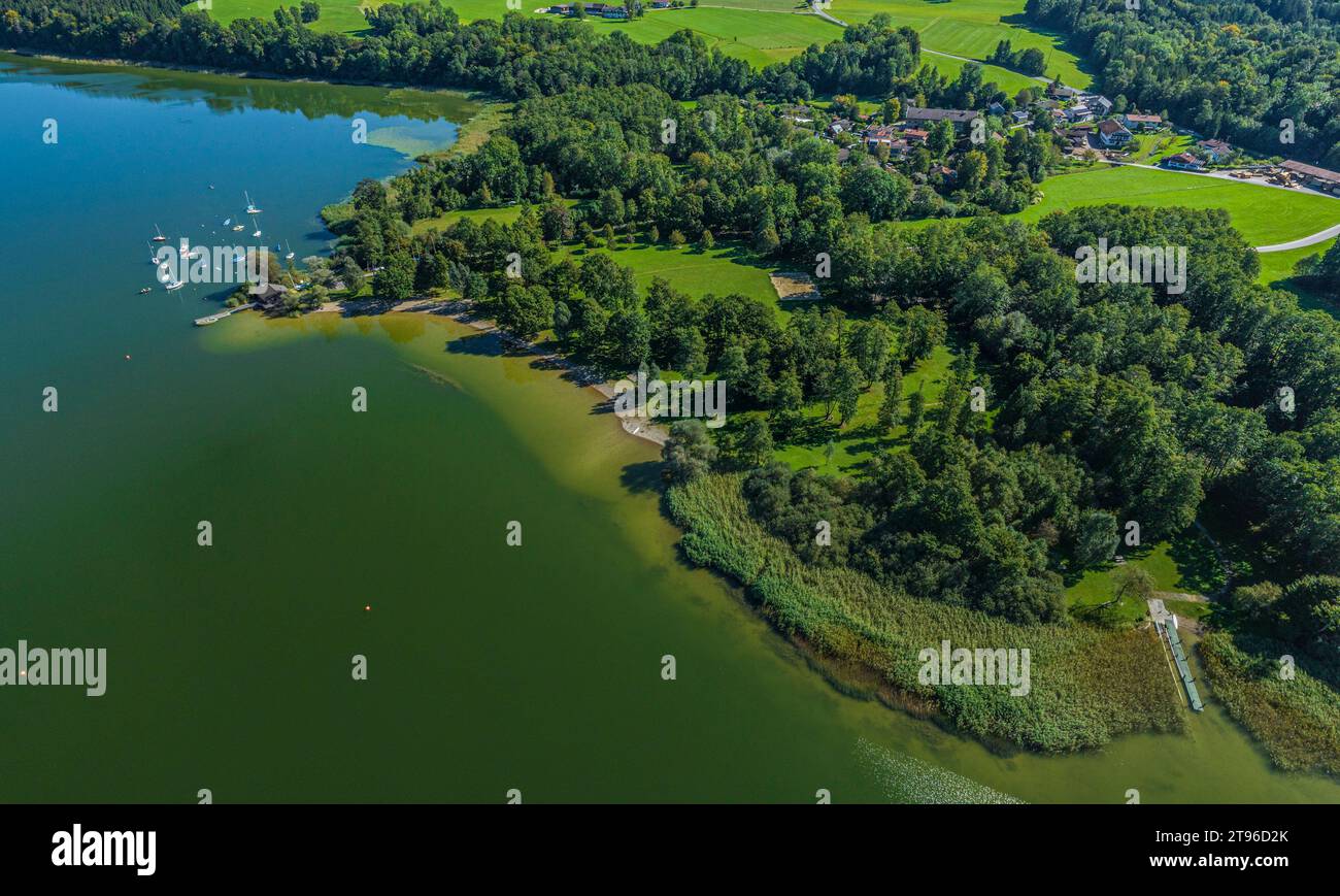 Aerial view to the Chiemgau region around the Simssee near Riedering ...