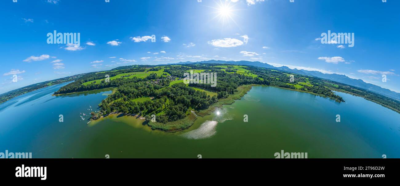Aerial view to the Chiemgau region around the Simssee near Riedering ...
