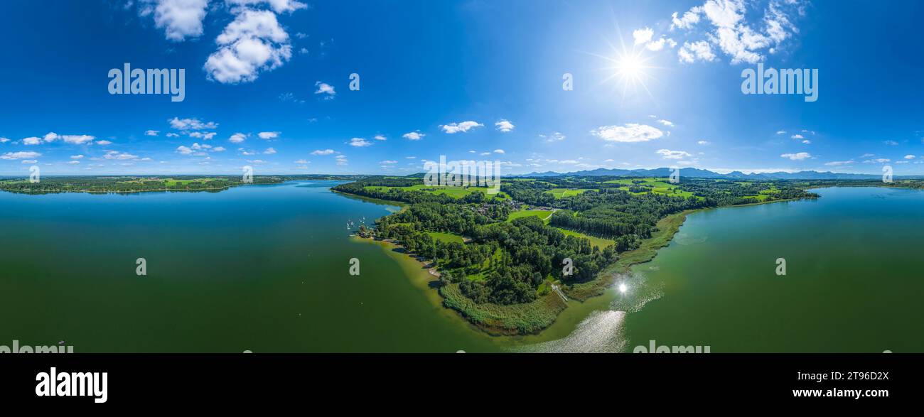 Aerial view to the Chiemgau region around the Simssee near Riedering ...