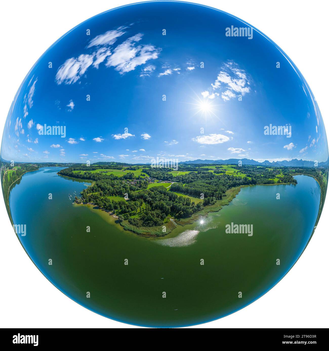 Aerial view to the Chiemgau region around the Simssee near Riedering ...