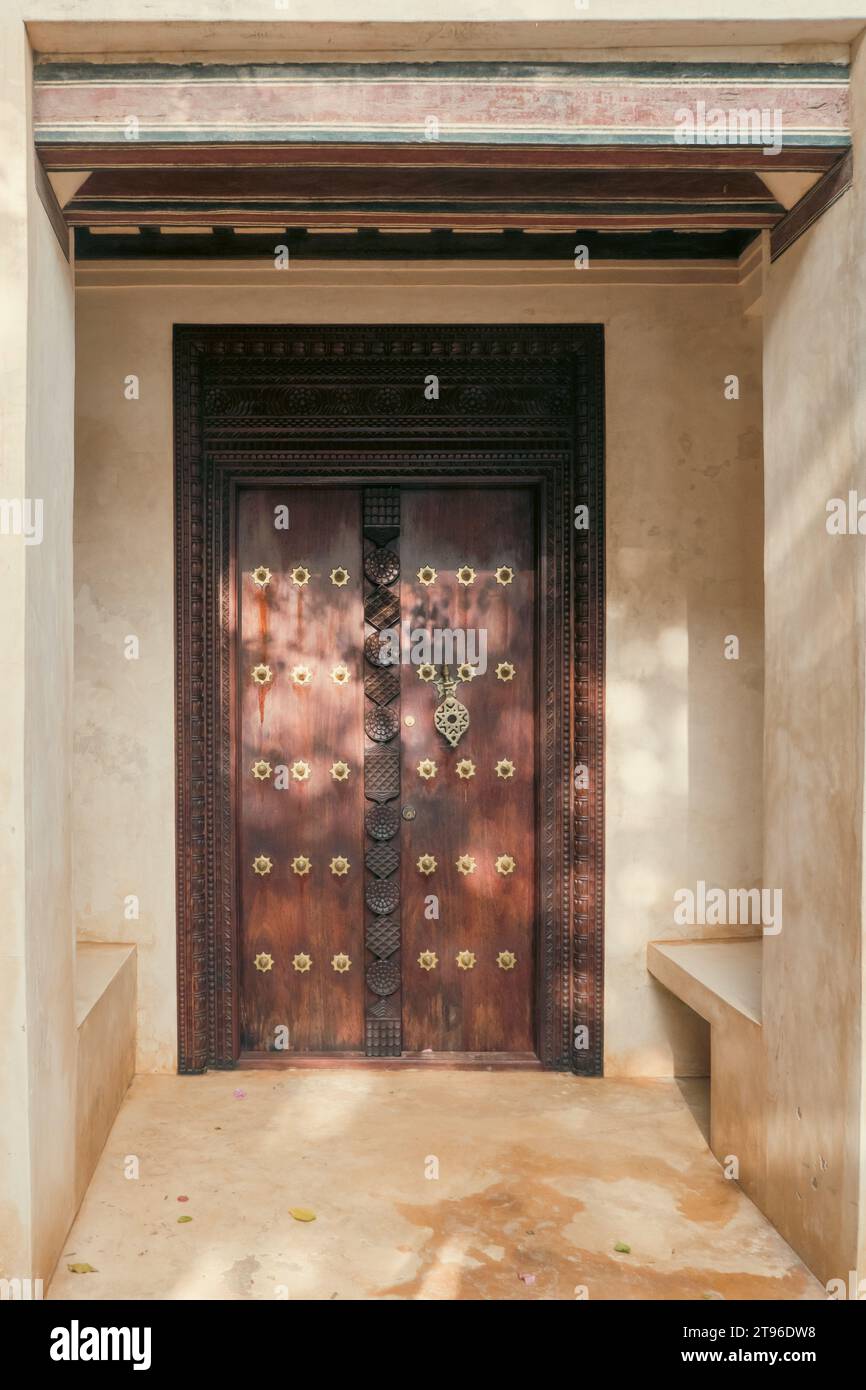 Traditional ornate wooden carved door in Lamu Isalnd, Kenya Stock Photo ...