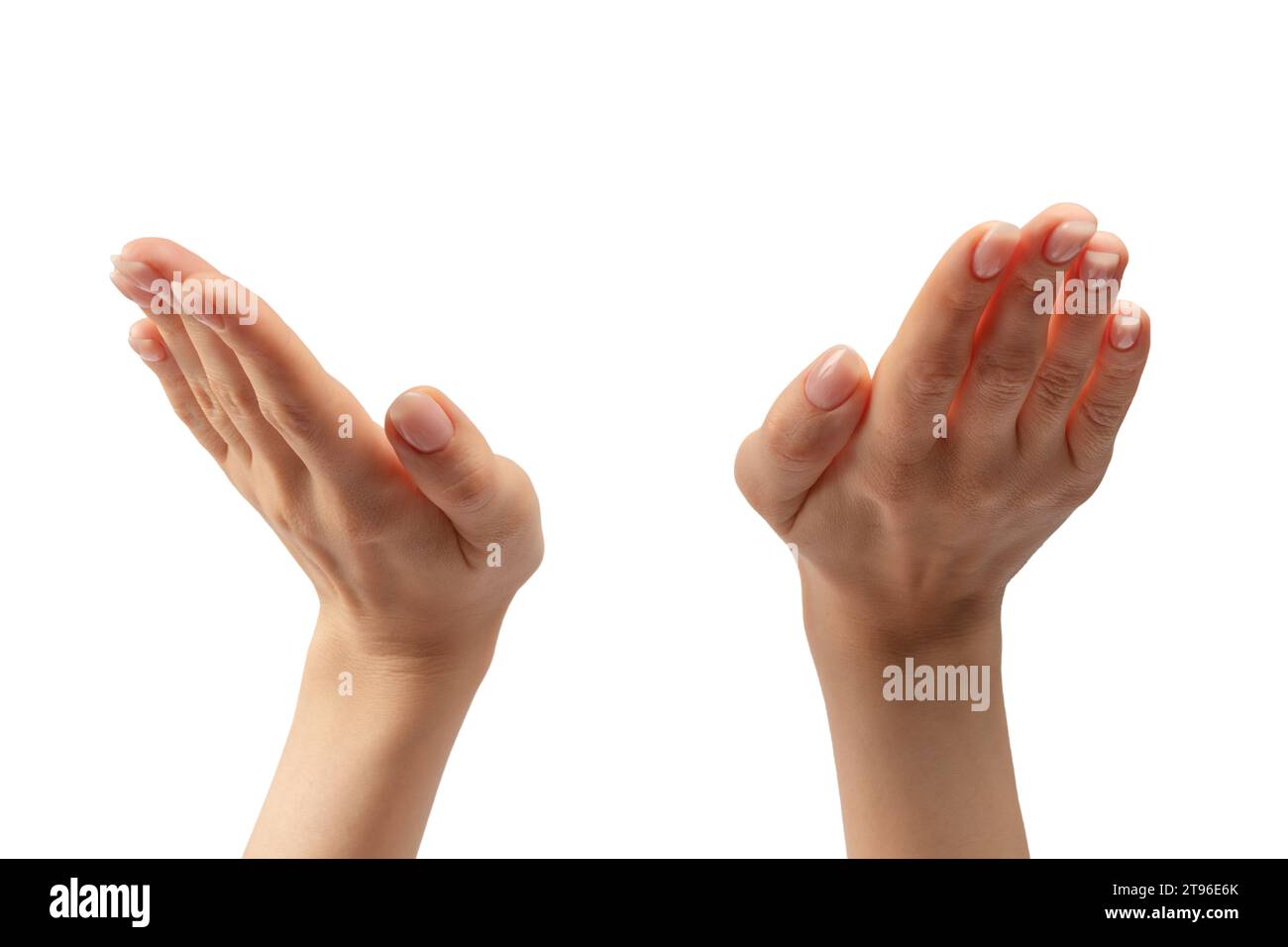 Hand of a woman hold some tiny or thin object, isolated on a white ...