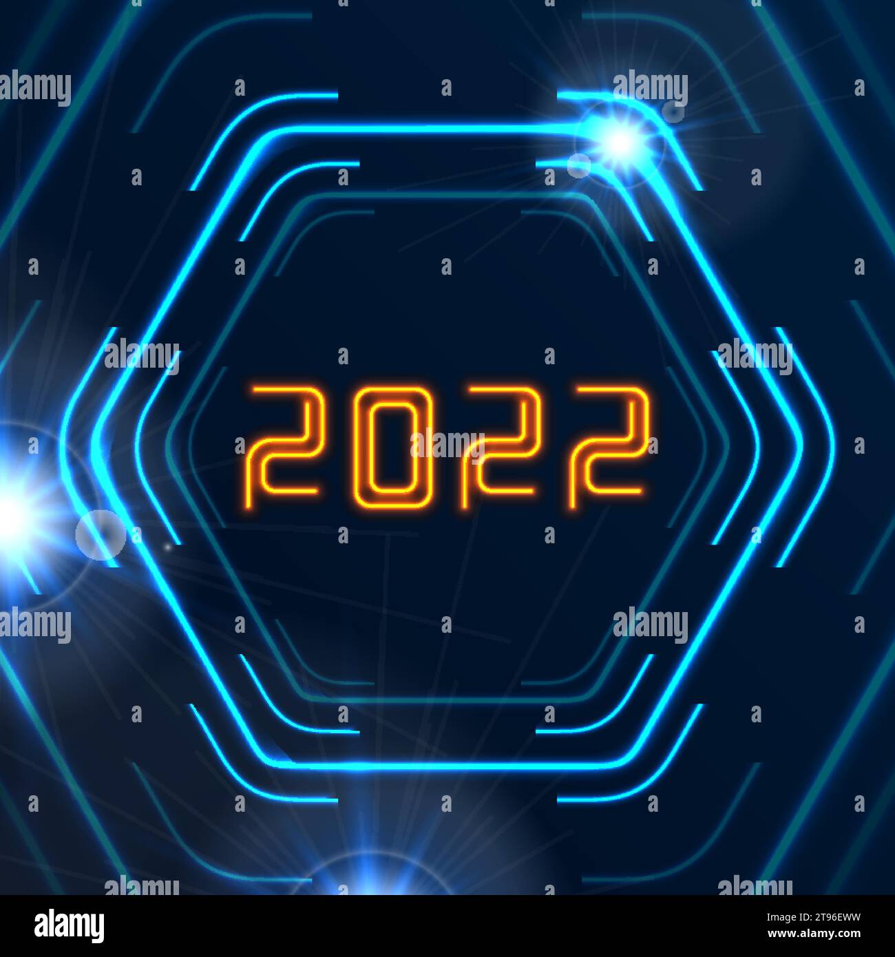 Neon New Year 2022 and tech hexagons abstract background. Vector ...