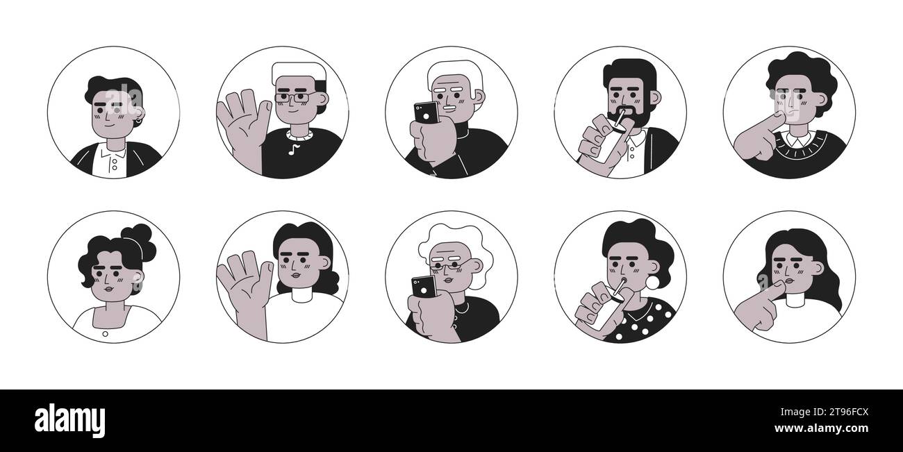 Present-day african american black and white 2D vector avatars ...