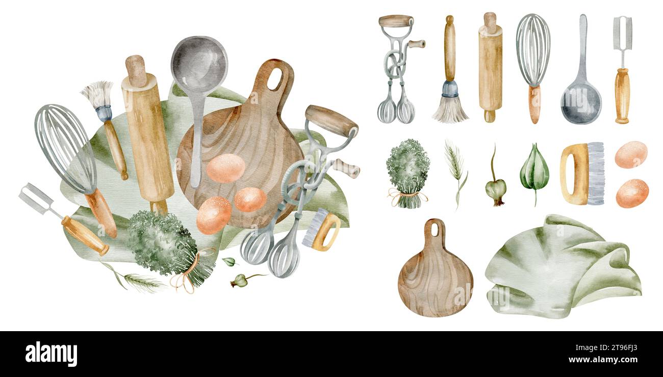Kitchen utensils are individual items on an isolated background ...