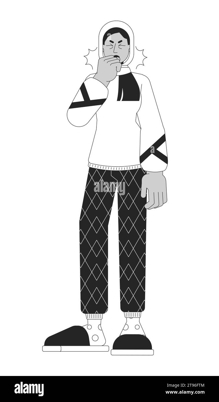 Dry cough sick symptom black and white cartoon flat illustration Stock ...