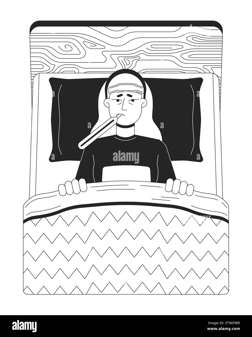 Sick flu patient in bed black and white cartoon flat illustration Stock ...