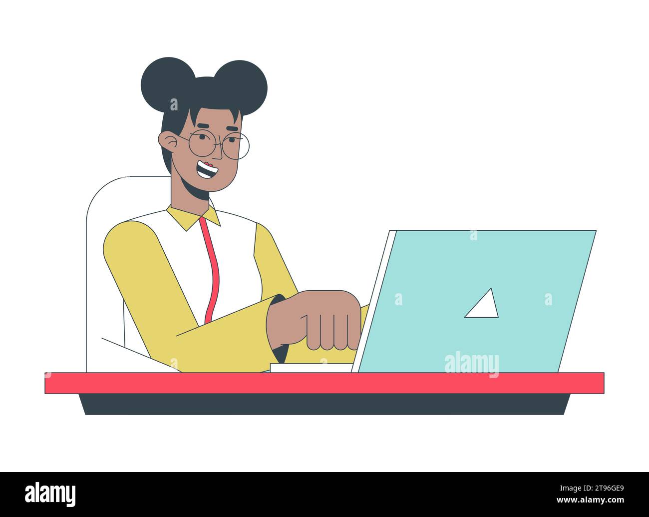 Inspired happy female employee typing laptop 2D linear cartoon ...
