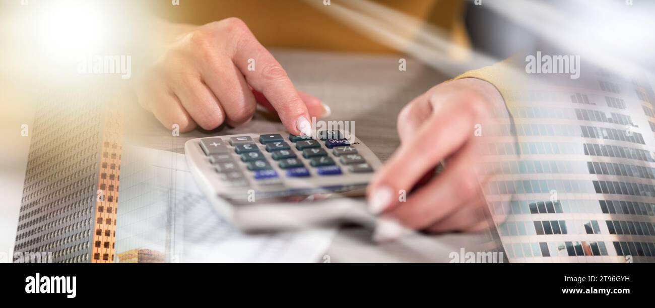 Female hands using calculator. concept of finance and economy; multiple ...
