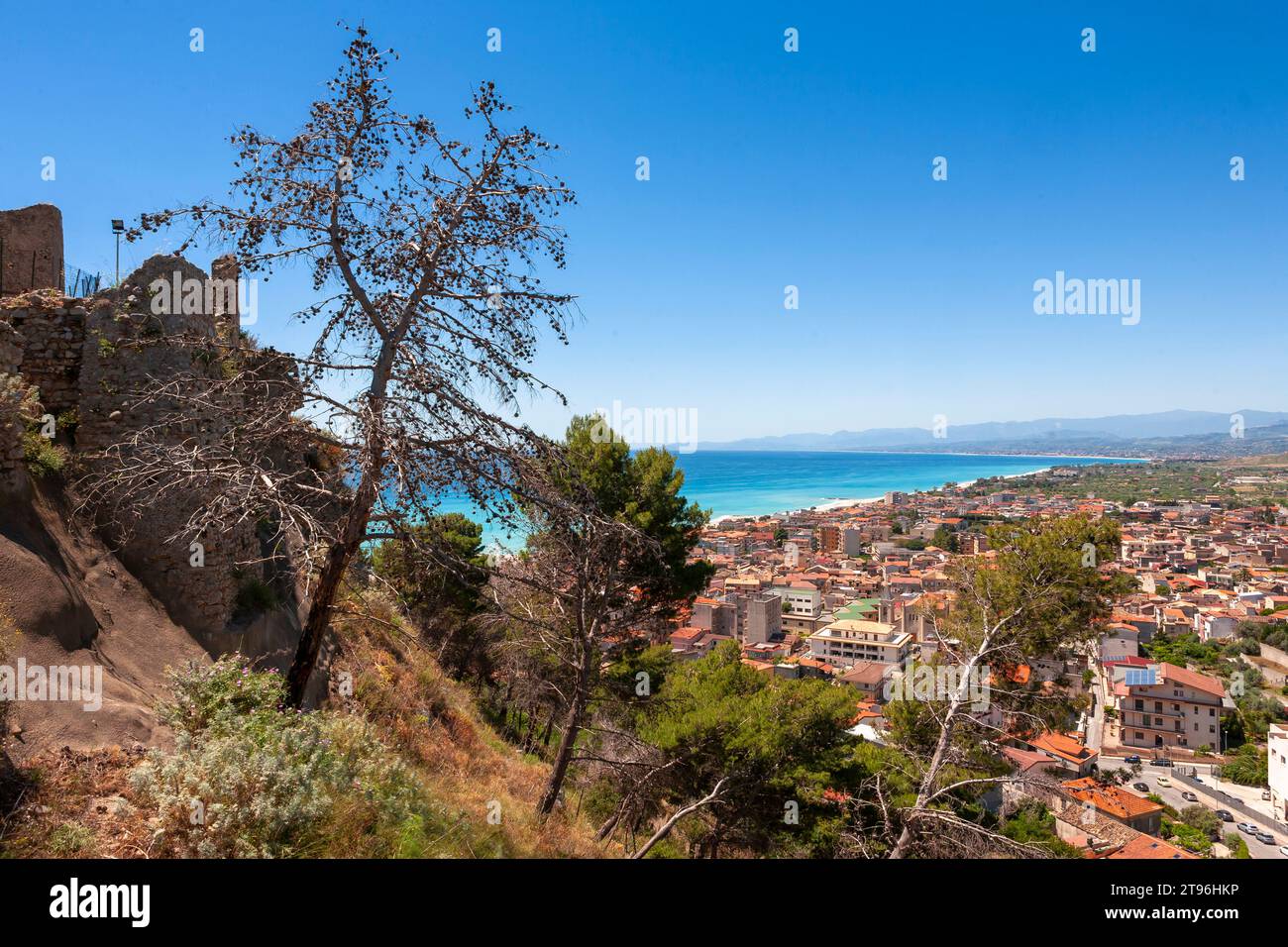 View from Castello Carafa over the town of Roccella Ionica, Calabria ...