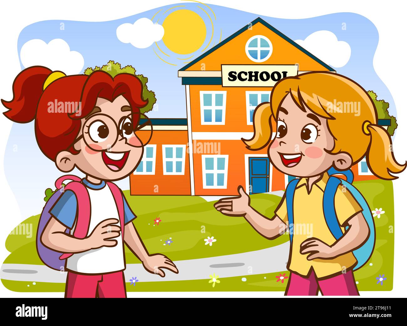 Cartoon boy and a girl talking to each other. Vector illustration.happy ...