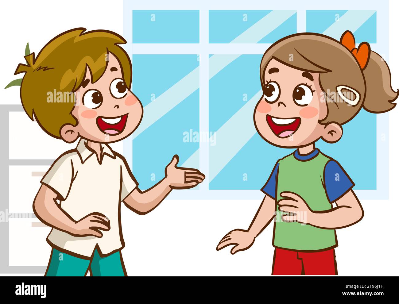 Cartoon boy and a girl talking to each other. Vector illustration.happy ...