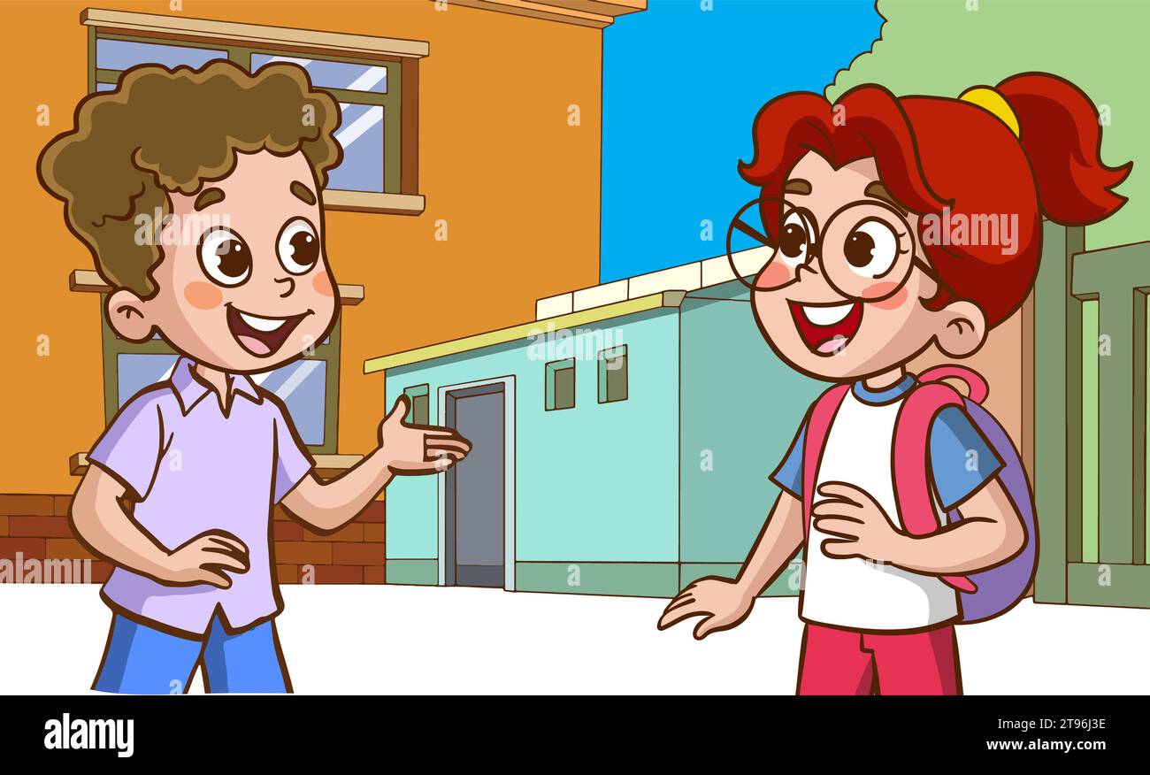 Cartoon boy and a girl talking to each other. Vector illustration.happy ...