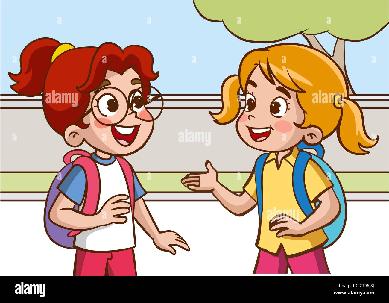 Cartoon boy and a girl talking to each other. Vector illustration.happy ...