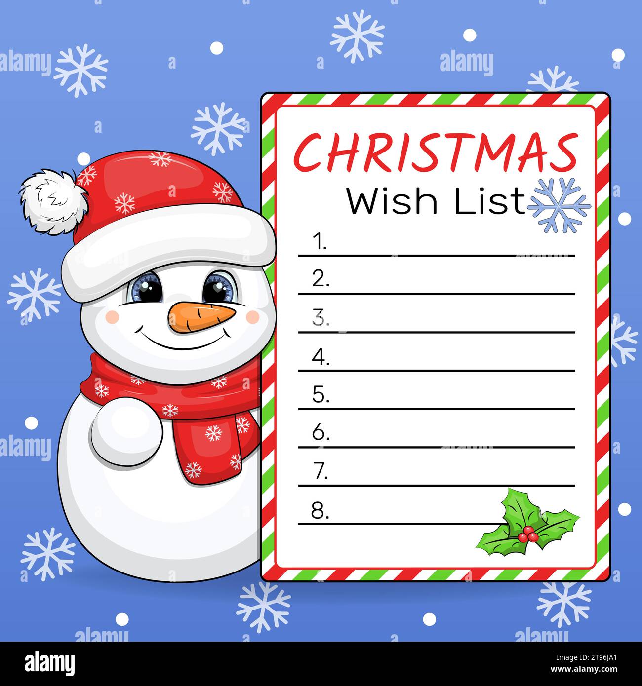 Cute cartoon snowman with a Christmas wish list. Vector illustration on ...